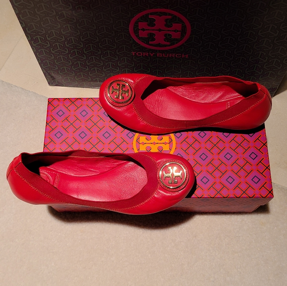 Tory Burch Designer Red Caroline Ballet Flats Size 6 - Gem